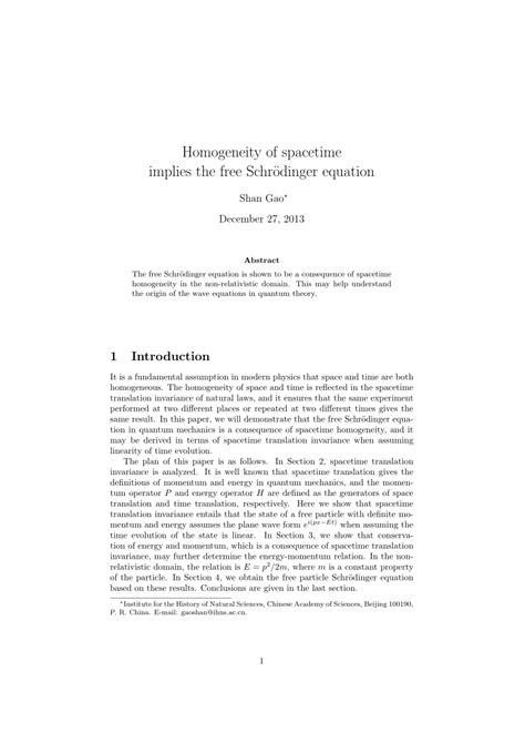 Pdf Homogeneity Of Space Time Implies The Free Schrodinger Equation