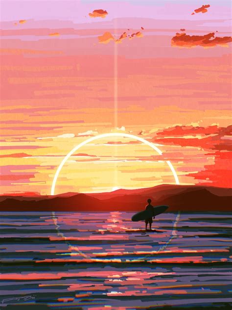 Sunset Sunset Glow Surfboards Clouds Sky Water Artwork Hd Phone