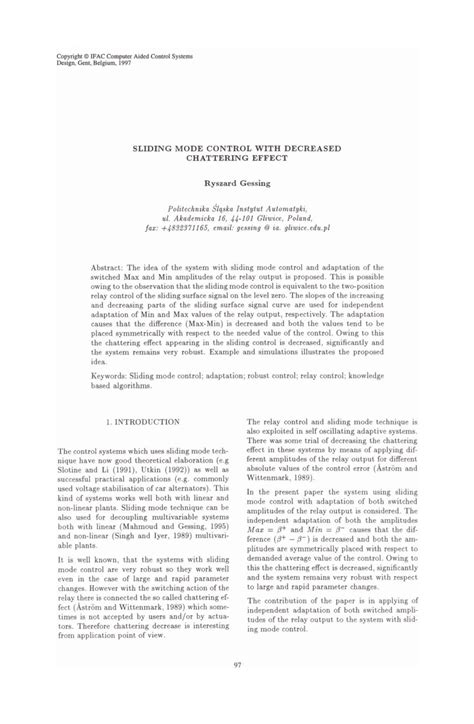 Pdf Sliding Mode Control With Decreased Chattering Effect