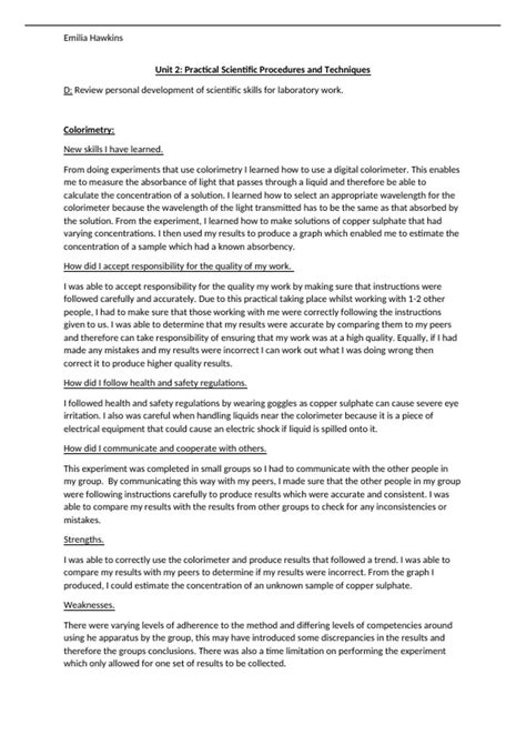 BTEC APPLIED SCIENCE UNIT 2 Learning Aim D Unit 2 Practical Scientific Procedures And