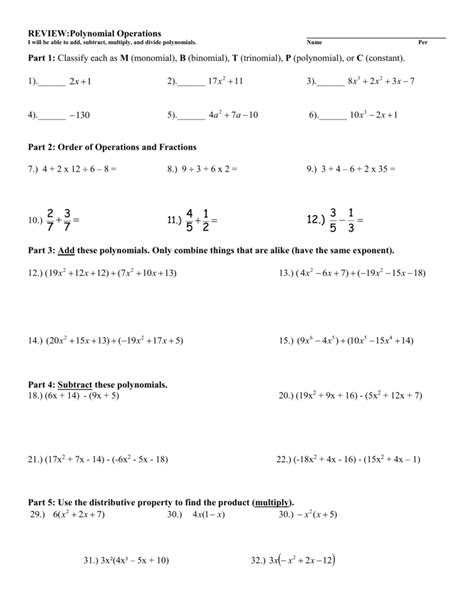 Polynomials Worksheet Db Excel Com