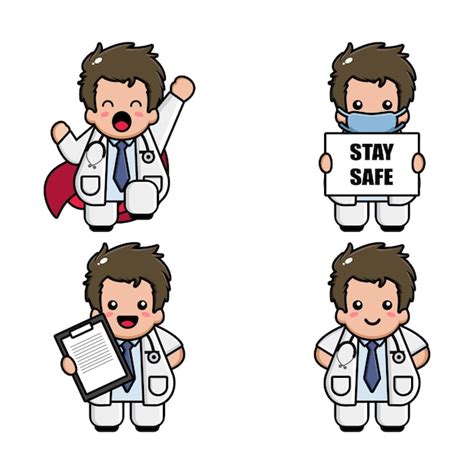 귀여운 의사 마스코트 캐릭터 디자인의 세트 프리미엄 벡터