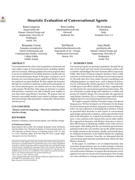 Langevin Etal 2021 Heuristic Evaluation Of Conversational Agents Pdf Usability
