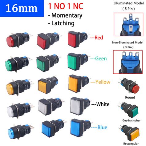 Round Rectangle Push Button Switch Led Light Momentary Latching 16mm 12