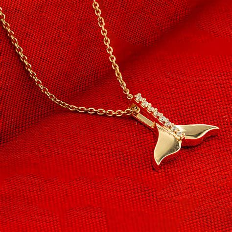 14k Gold 005 Ct Genuine Diamond Whales Tail Pendant Necklace Fine
