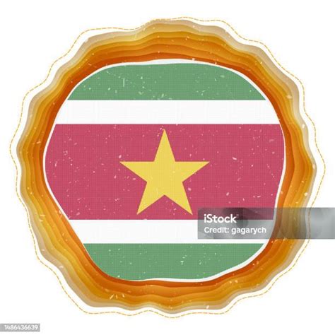 프레임에 수리남 플래그입니다 국가의 배지 수리남 국기 주위에 겹겹이 쌓인 원형 표지판 매력적인 벡터 그림입니다 국가 관광명소에