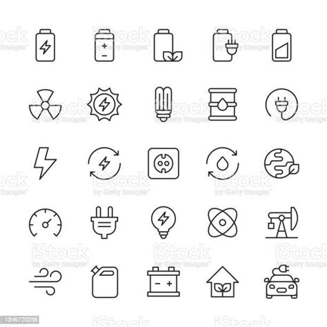 전력 및 에너지 라인 아이콘 편집 가능한 스트로크 픽셀 완벽한 모바일 및 웹용 원자 배터리 석탄 생태학 전기 자동차 에너지 환경 연료 가스 지구 온난화 자연 원자력 전력