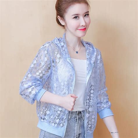 5323 블루 화이트 핑크 자외선 차단 재킷 원근법 후드 코트 섹시한 얇은 시스루 의류 여름 코트 아우터 Aliexpress