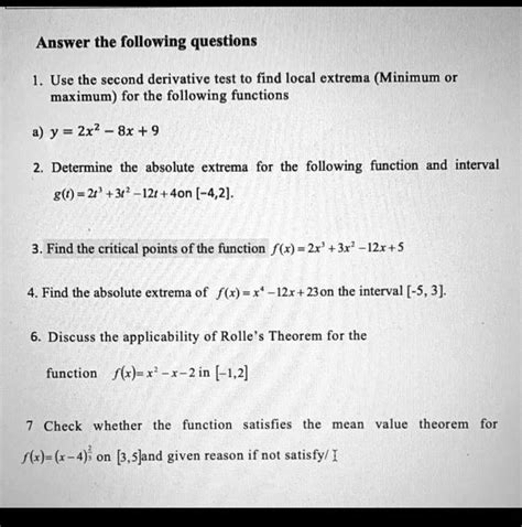 SOLVED Answer The Following Questions Use The Second Derivative Test