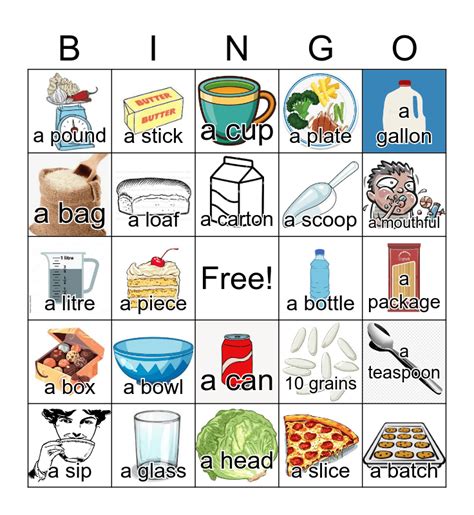 Countable Countainers Of Noncount Nouns Words And Images Bingo Card