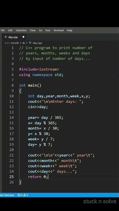 C Program To Take Days As Input And Print Year Month Week Days
