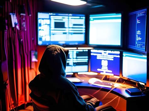 Premium Ai Image Unrecognizable Male Hacker In Dark Neon Room Generative Ai