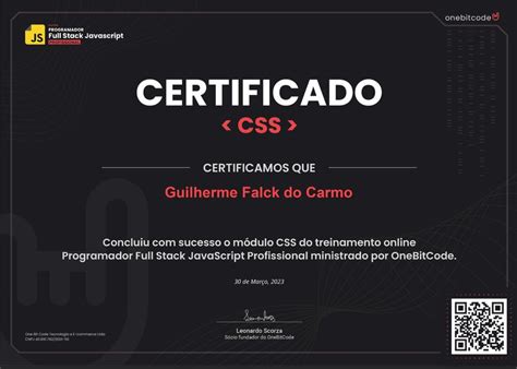 Certificado Onebitcode Css Guilherme Falck Do Carmo