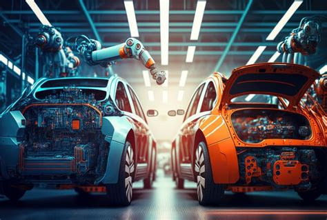 Premium Photo Car Factory Assembly Line With Automatic Robotic Arms Working Generative Ai