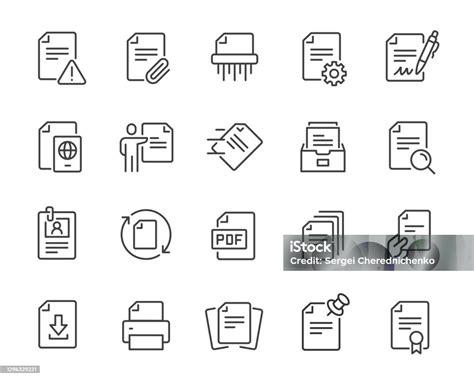 문서 아이콘 세트입니다 아카이브 파쇄기 프린터 보내기 인쇄 형식 검색 사용자 지정 다운로드 로그인 문서 등과 같은 간단한 선형 웹 아이콘의 컬렉션 편집 가능한 벡터 스트로크