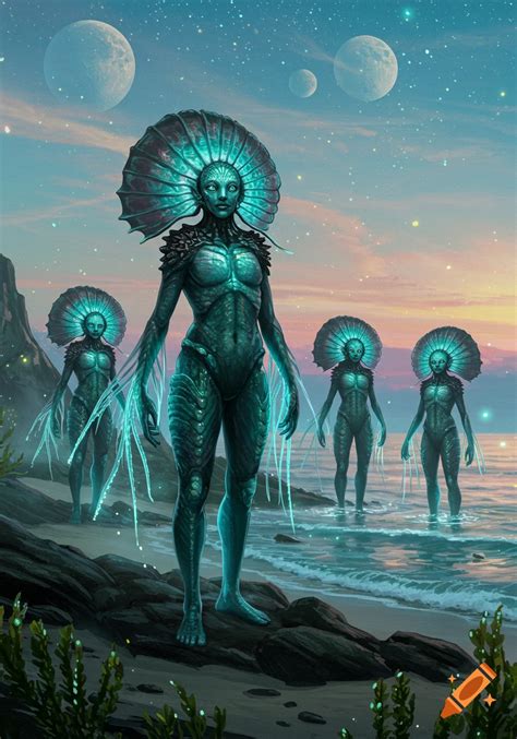 Four Glowing Blue Green Alien Humanoids With Large Frilled Heads Stand