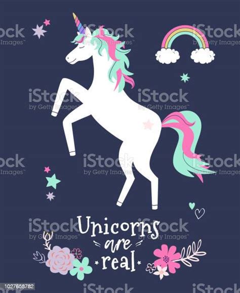 벡터 꽃과 무지개와 유니콘의 귀여운 그림 현대 마법의 인사말 카드 또는 포스터 유니콘은 실제 문구와 함께 꽃 식물에 대한 스톡 벡터 아트 및 기타 이미지 Istock