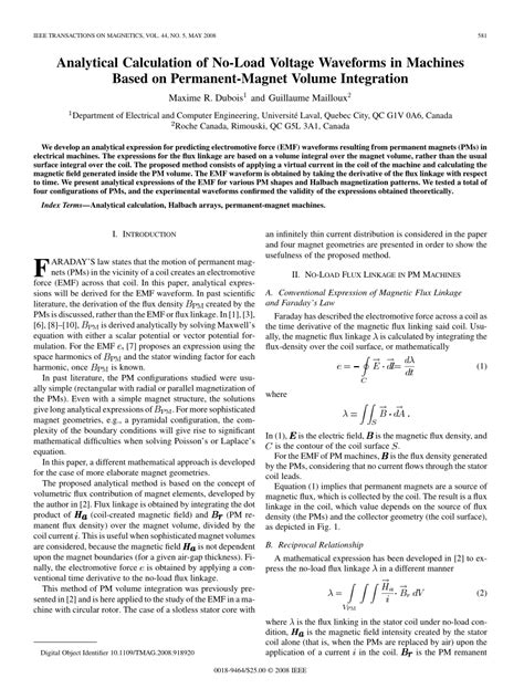 Pdf Analytical Calculation Of No Load Voltage Waveforms In Machines Based On Permanent Magnet