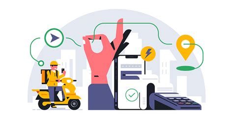 집에 온라인 음식 배달 서비스 택배는 음식 배달 주문을 받았습니다 온라인 결제가 성공적이었습니다 전화 지불 터미널 확인 스쿠터 지도 도시 벡터 그림입니다 개념에 대한 스톡