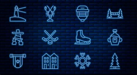 세트 라인 캐나다 가문비 나무 메이플 시럽 하키 헬멧 아이스 하키 스틱과 퍽 이누크 등대 스케이트와 랍스터 아이콘 벡터 형광색의에 대한 스톡 벡터 아트 및 기타 이미지