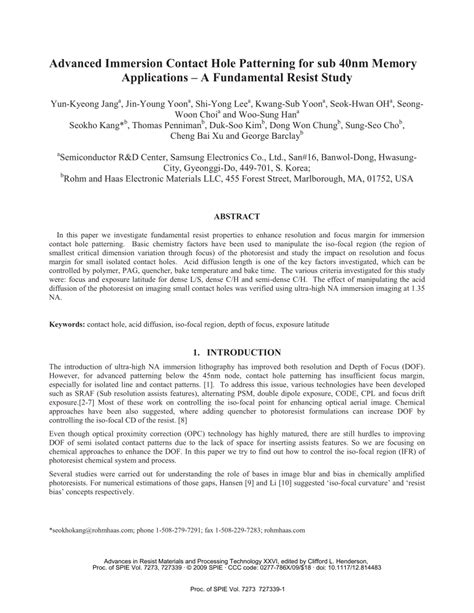 Pdf Advanced Immersion Contact Hole Patterning For Sub 40nm Memory