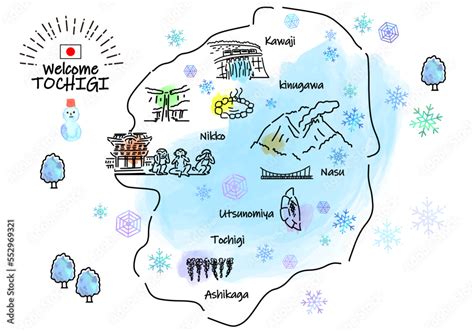 Vetor De 冬の栃木県の観光地のシンプル線画イラストマップ Do Stock Adobe Stock