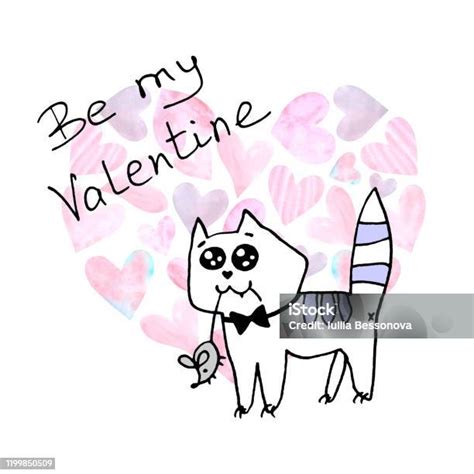 발렌타인 데이 인사말 카드입니다 이빨에 마우스가있는 간단한 귀여운 윤곽 고양이 좋아하는 선물 낙서 엽서 로고 배지 문구 웹용 0명에 대한 스톡 벡터 아트 및 기타 이미지