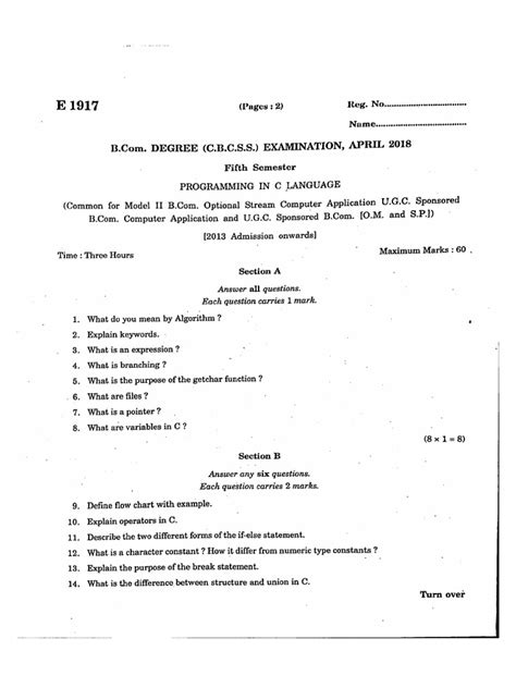 Bcom 5 Sem Programming In C Language E 1917 Apr 2018 Pdf