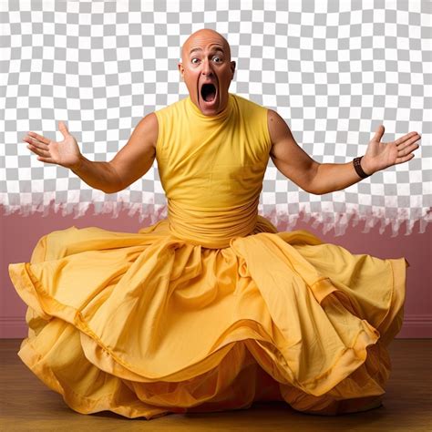 몽골 인종의 머리카락이 털이 ⁇ 은 충격적인 성인 남자가 요가 의상을 입고 파스텔 노란색 배경에 흐르는 드레스 스타일로 포즈를 취합니다 프리미엄 Psd 파일