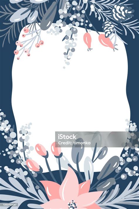 벡터 메리 크리스마스 화환 과 딸기 Poinsetia 소나무 콘과 텍스트 장소에 가지 인사말 카드에 대한 템플릿입니다 흰색 배경에 고립 된 겨울 프레임 겨울에 대한 스톡