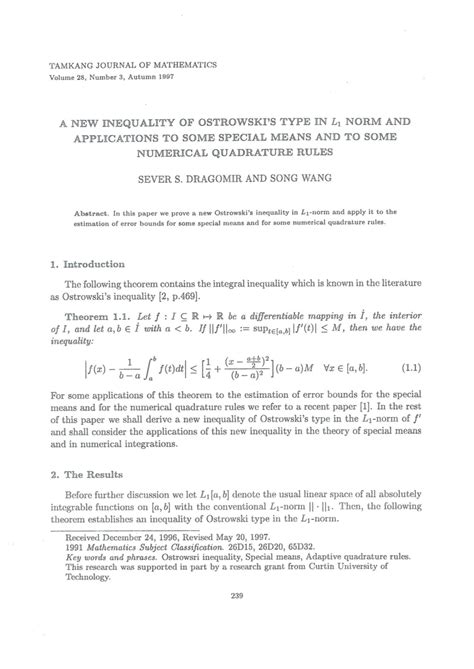 Pdf A New Inequality Of Ostrowskis Typ In L1 Norm And Applications To Some Special Means And