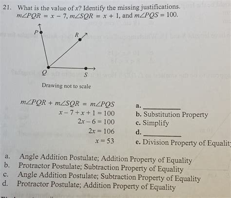 21 what is the value of x identify the missing justifications m∠ pqr