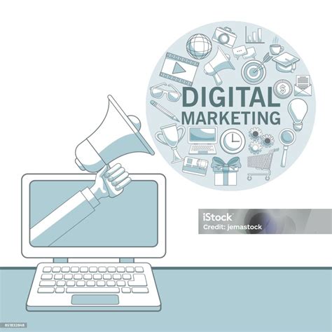 흰색 배경 색상 섹션 휴대용 장치 손으로 들고 확성기 및 아이콘 디지털 마케팅의 과녁에 대한 스톡 벡터 아트 및 기타 이미지