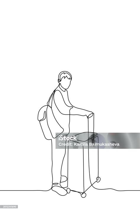 남자는 여행 가방에 서 있고 그의 등에는 배낭이 있고 그는 뷰어를보고 있습니다 하나의 선 그리기 벡터 기차 출발 전 비행 전 컨셉 가방에 대한 스톡 벡터 아트 및 기타