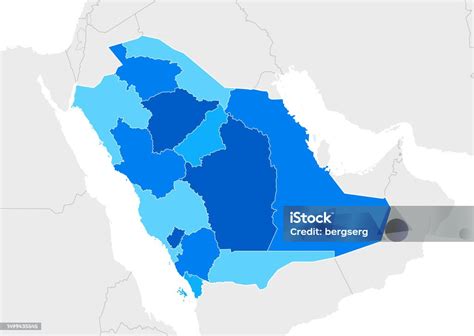 High Detailed Saudi Arabia Blue Map With Regions And National Borders