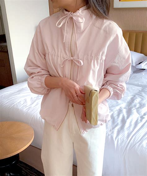 핑크소량입고당일발송리본 봄잠바 윈드브레이커 점퍼 바람막이 봄신상 자켓 에이블리