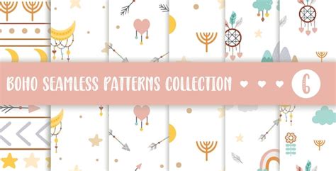 벡터 Boho 장식품은 구불구불한 화살표가 있는 보헤미안 원활한 패턴 컬렉션을 설정합니다 초승달 야생 및 무료 반복 배경 팩 민족 아메리카 원주민 또는 부족 디지털 종이