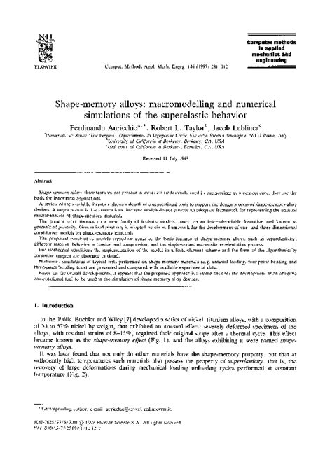 Pdf Shape Memory Alloys Macromodelling And Numerical Simulations Of The Superelastic Behavior