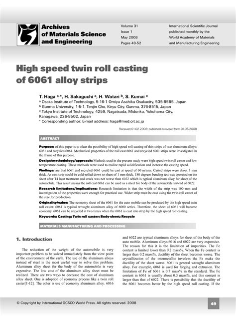 Pdf High Speed Twin Roll Casting Of 6061 Alloy Strips