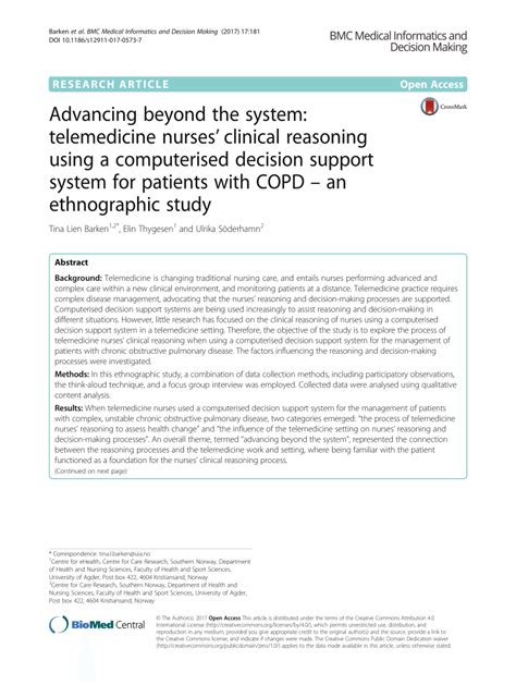Pdf Advancing Beyond The System Telemedicine Nurses Clinical Reasoning Using A Computerised