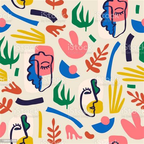 벡터 아트 핸드 그린 콜라주 매끄러운 패턴 식물 기하학적 모양 현대 추상적 인 얼굴 배경 배경 화면 다채로운 현대 스타일 인쇄 다양한 모양과 낙서 개체 그리기에 대한 스톡
