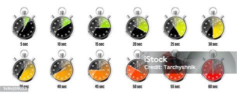 현실적인 클래식 스톱워치 샤이니 메탈 크로노미터 다이얼이 있는 타임 카운터 분과 초를 보여주는 다채로운 카운트 다운 타이머 스포츠 시작 및 종료에 대한 시간 측정 벡터 그림