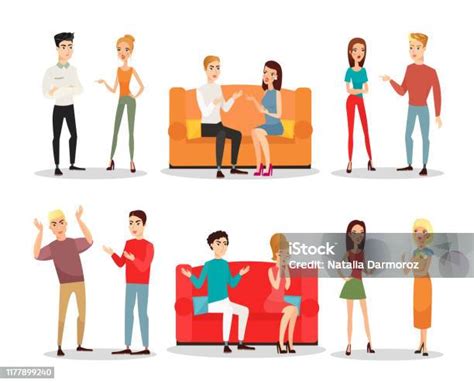 싸우는 사람들의 벡터 일러스트 세트 스캔들 남자와 여자는 비명과 싸움 다른 위치에 미친 사람들 플랫 만화 스타일입니다 2명에