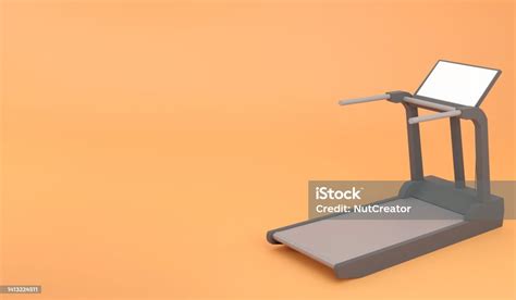 주황색 배경에 3d 체육관 디딜 방아 3d 렌더링 일러스트 레이 션 운동 개념 및 복사 공간을위한 빈 배경 러닝머신에 대한 스톡