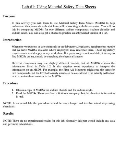 Solved Lab 1 Using Material Safety Data Sheets Purpose In Chegg Com