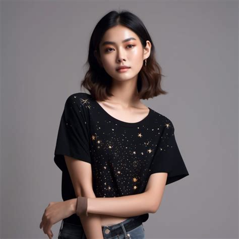 Thai Women Supermodel Wearing A Black T Shirt With Cool Starry And Dreamy Design In The