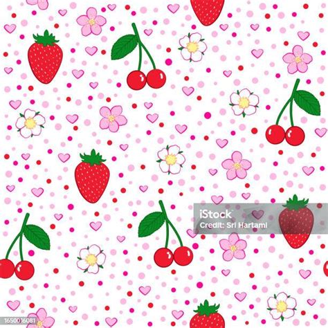 핑크 레드 체리 딸기 이음새가 없는 패턴 물방울 무늬 배경이 있는 과일 꽃무늬 벚꽃과 딸기 꽃 Sakura Matsuri에 대한