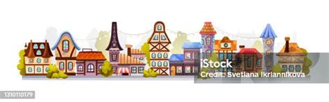 고대 유럽 건물과 타워 상점 선술집과 중세 마을 거리 꽃 벽돌 벽 문 조명 만화와 오래된 건축 벽돌 외관 건물과 중세 마을 중세에 대한 스톡 벡터 아트 및 기타 이미지