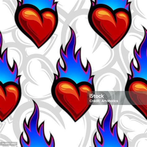 불타는 심장 매끄러운 패턴 디자인 사랑의 마음과 불 불꽃 벡터 아트 그래픽 인쇄 발렌타인 데이 포장지 엽서 벽지 및 섬유 낮에 대한 스톡 벡터 아트 및 기타 이미지 Istock