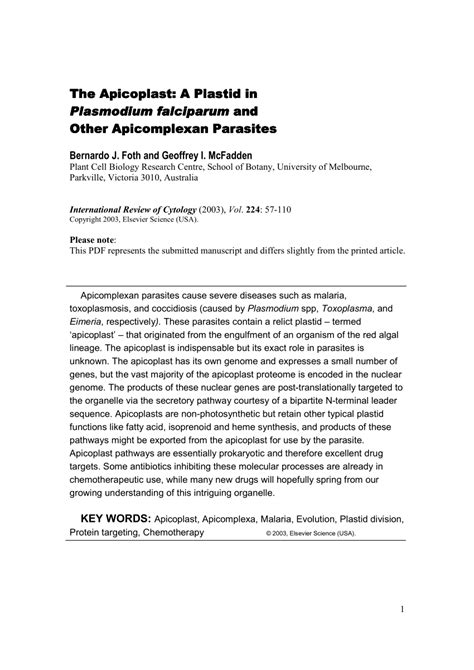 Pdf The Apicoplast A Plastid In Plasmodium Falciparum And Other Apicomplexan Parasites